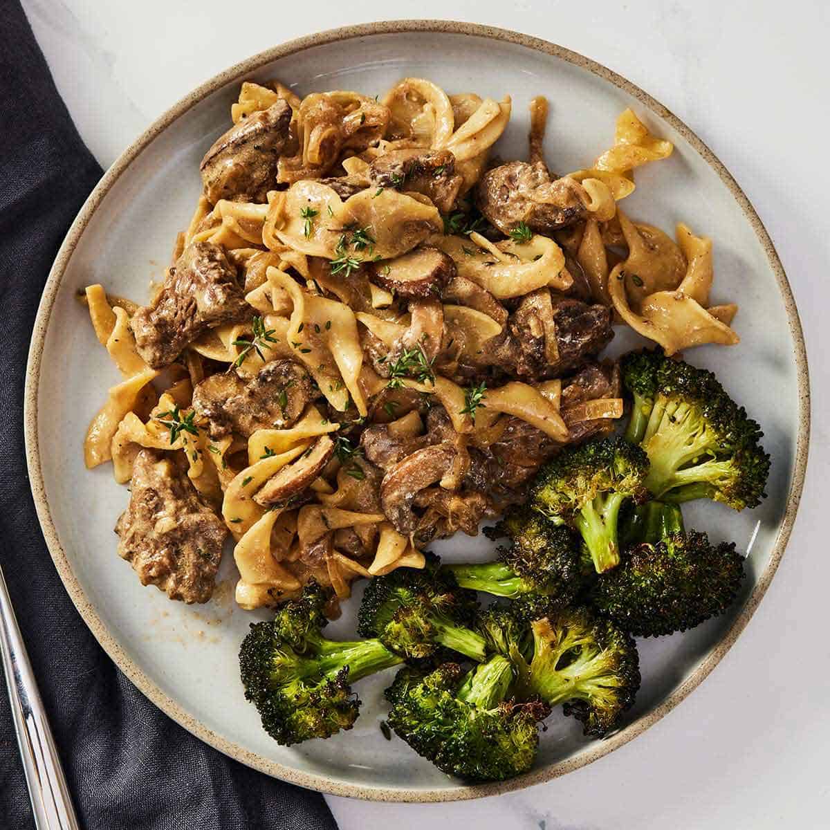 Cleaned Up Beef Stroganoff with Garlic'y Roast Broccoli - Cooking With Coit